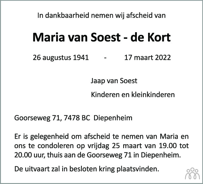 Maria van Soest-de Kort 17-03-2022 overlijdensbericht en condoleances ...