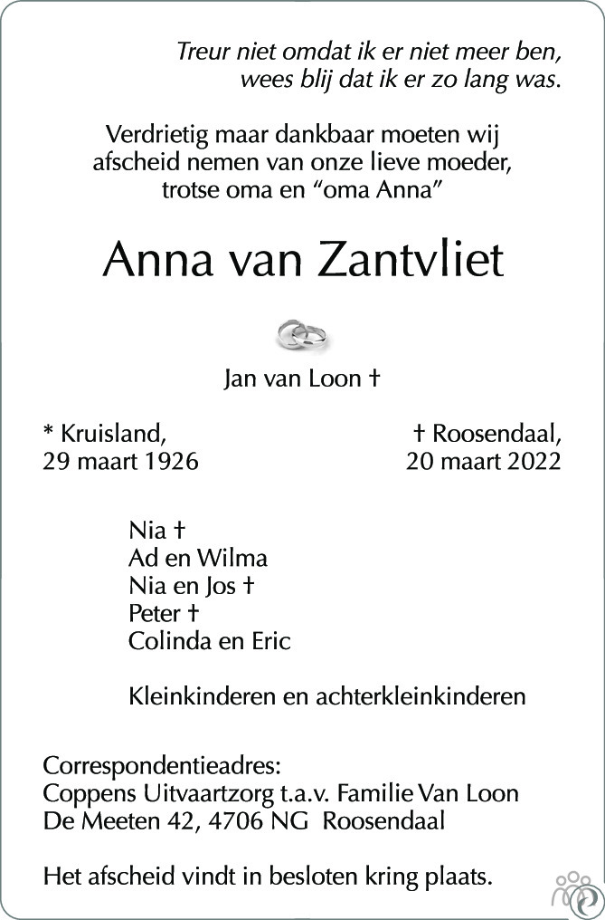 Anna van Loon-van Zantvliet 20-03-2022 overlijdensbericht en ...
