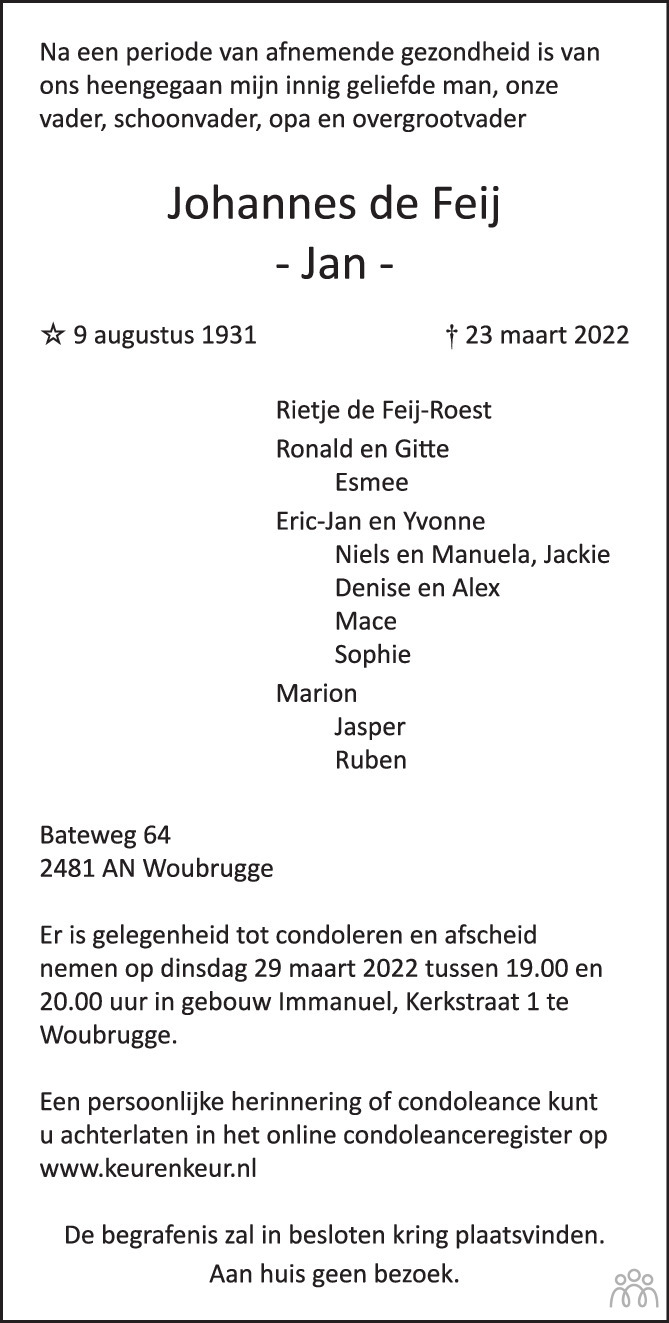 Johannes (Jan) de Feij 23-03-2022 overlijdensbericht en condoleances ...