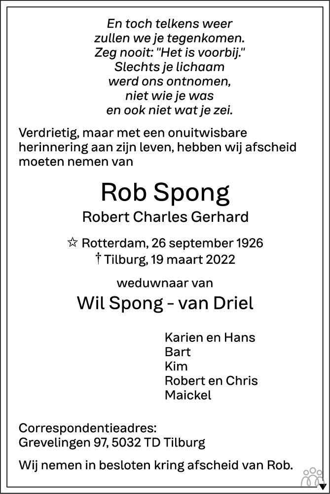 Rob (Robert Charles Gerhard) Spong 19-03-2022 overlijdensbericht en ...