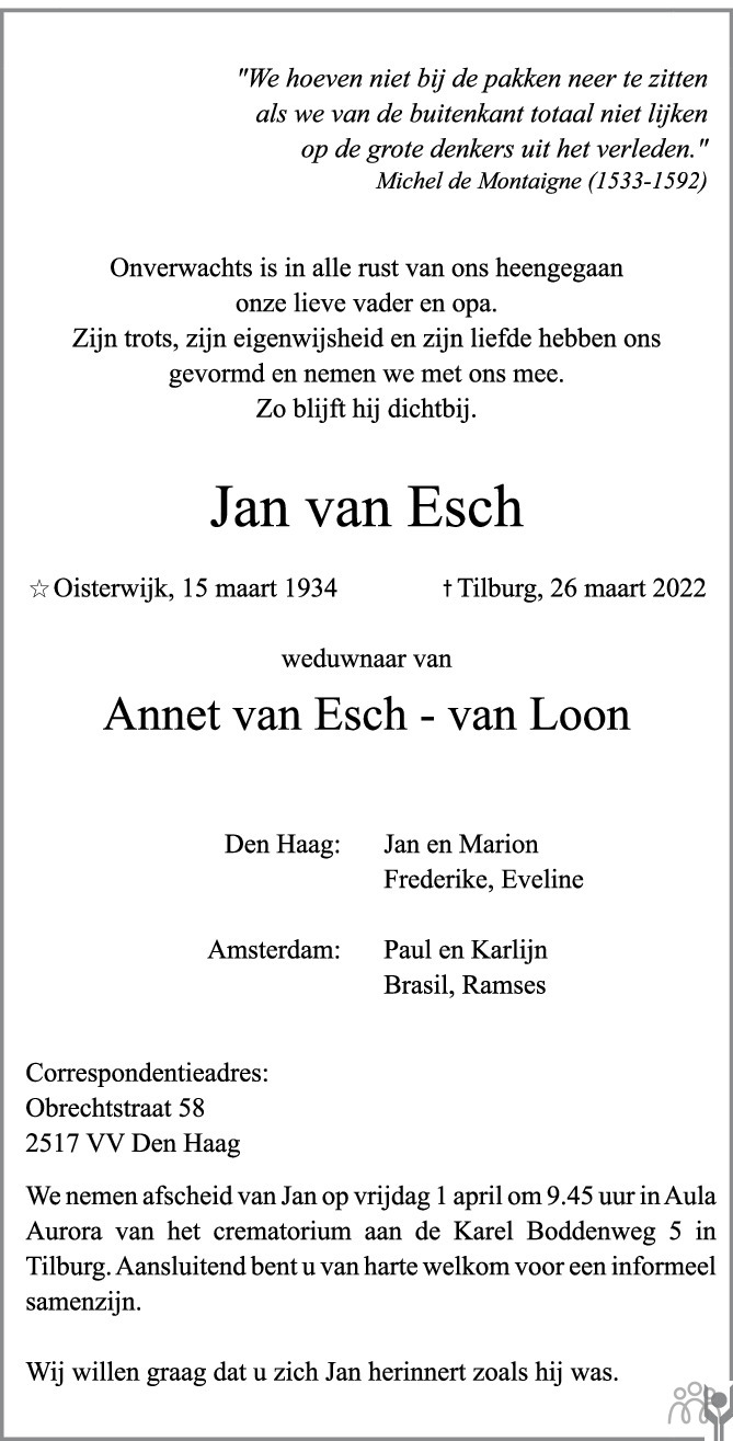 Jan van Esch 26-03-2022 overlijdensbericht en condoleances - Mensenlinq.nl