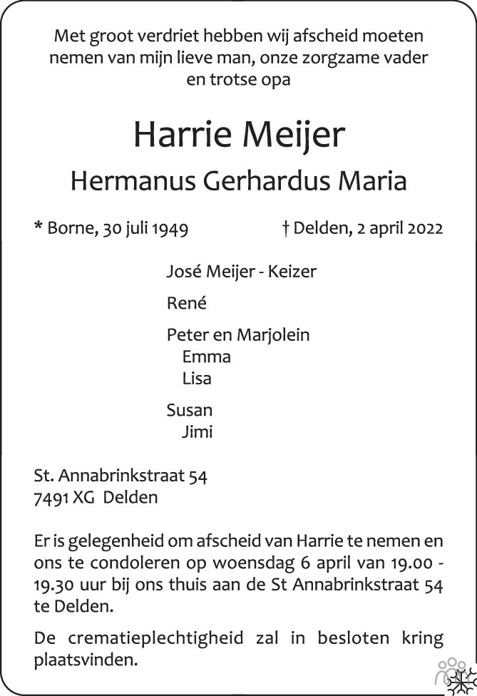 Harrie (Hermanus Gerhardus Maria) Meijer 02-04-2022 overlijdensbericht ...