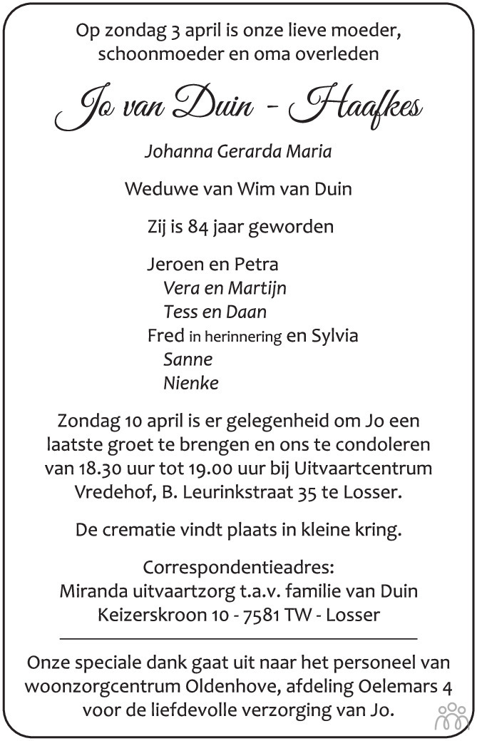 Jo (Johanna Gerarda Maria) van Duin-Haafkes 03-04-2022 ...