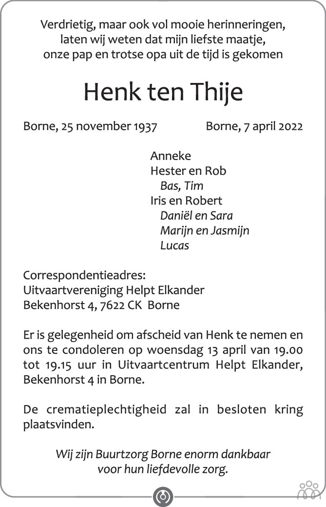Henk ten Thije 07-04-2022 overlijdensbericht en condoleances ...