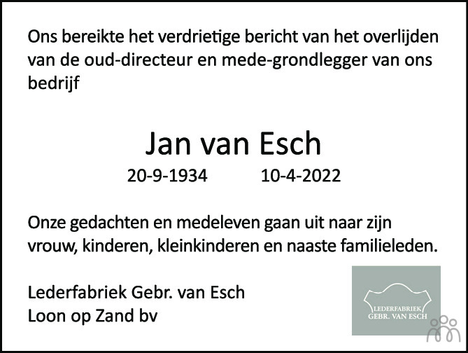 Jan van Esch 10-04-2022 overlijdensbericht en condoleances - Mensenlinq.nl