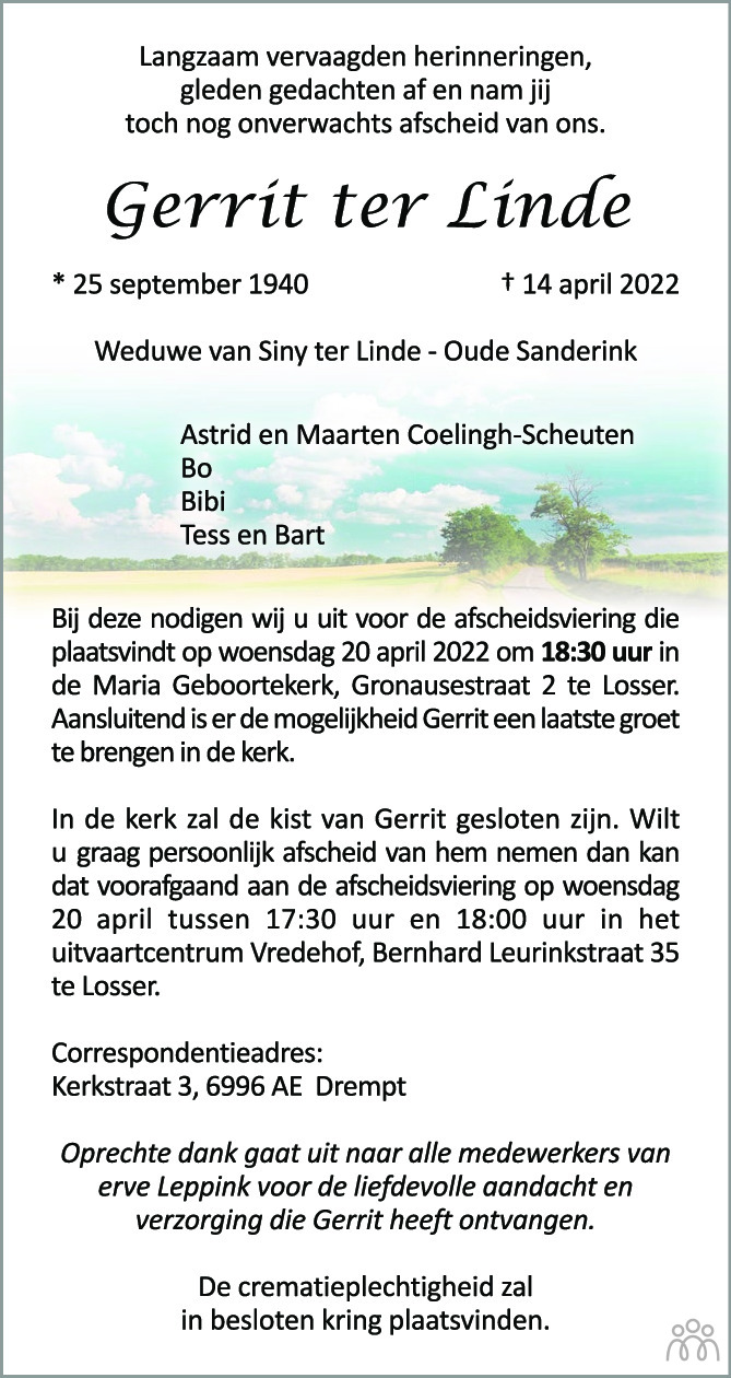 Gerrit ter Linde 14-04-2022 overlijdensbericht en condoleances ...