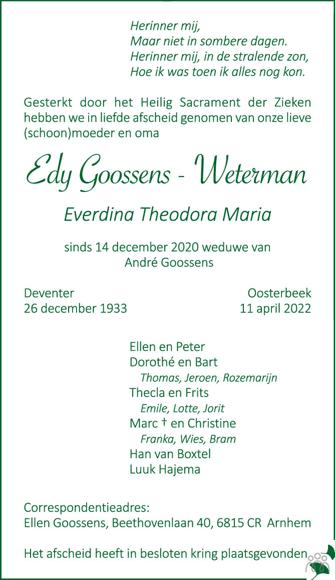Edy (Everdina Theodora Maria) Goossens-Weterman 11-04-2022 ...