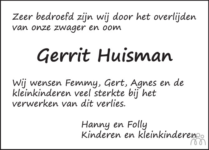 Gerrit Antonie Huisman 18-04-2022 overlijdensbericht en condoleances - Mensenlinq.nl