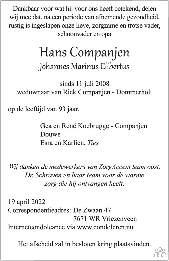 Hans (Johannes Marinus Elibertus) Companjen 19-04-2022 ...