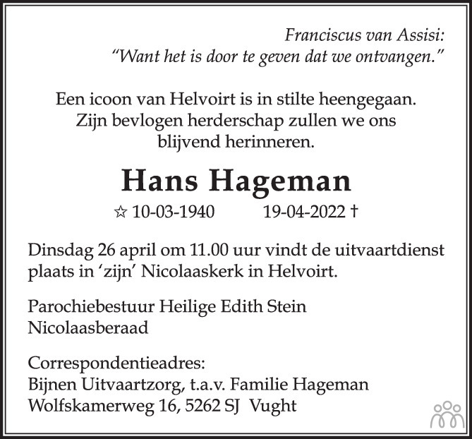 Hans Hageman 19-04-2022 overlijdensbericht en condoleances - Mensenlinq.nl
