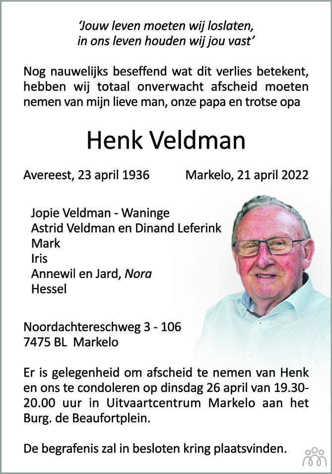 Henk Veldman 21-04-2022 overlijdensbericht en condoleances - Mensenlinq.nl