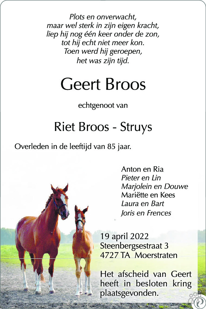 Geert Broos 19-04-2022 overlijdensbericht en condoleances - Mensenlinq.nl