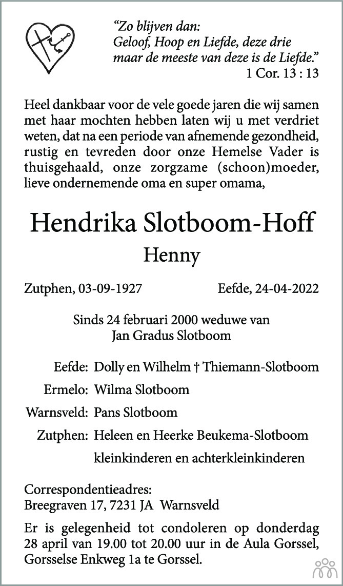 Hendrika (Henny) Slotboom-Hoff 24-04-2022 overlijdensbericht en ...
