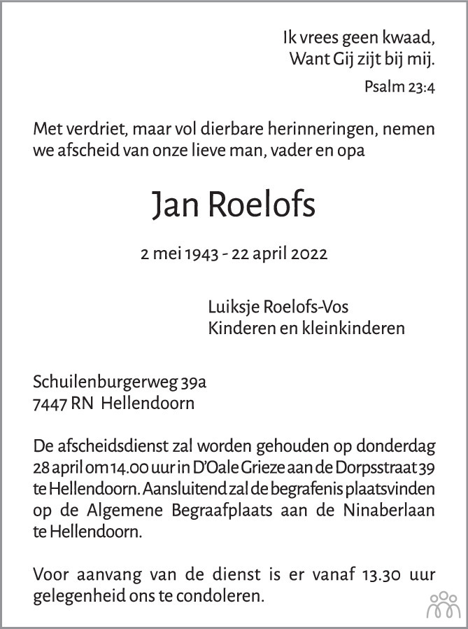 Jan Roelofs 22-04-2022 overlijdensbericht en condoleances - Mensenlinq.nl