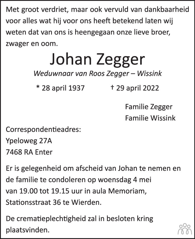 Johan Zegger 29-04-2022 overlijdensbericht en condoleances - Mensenlinq.nl