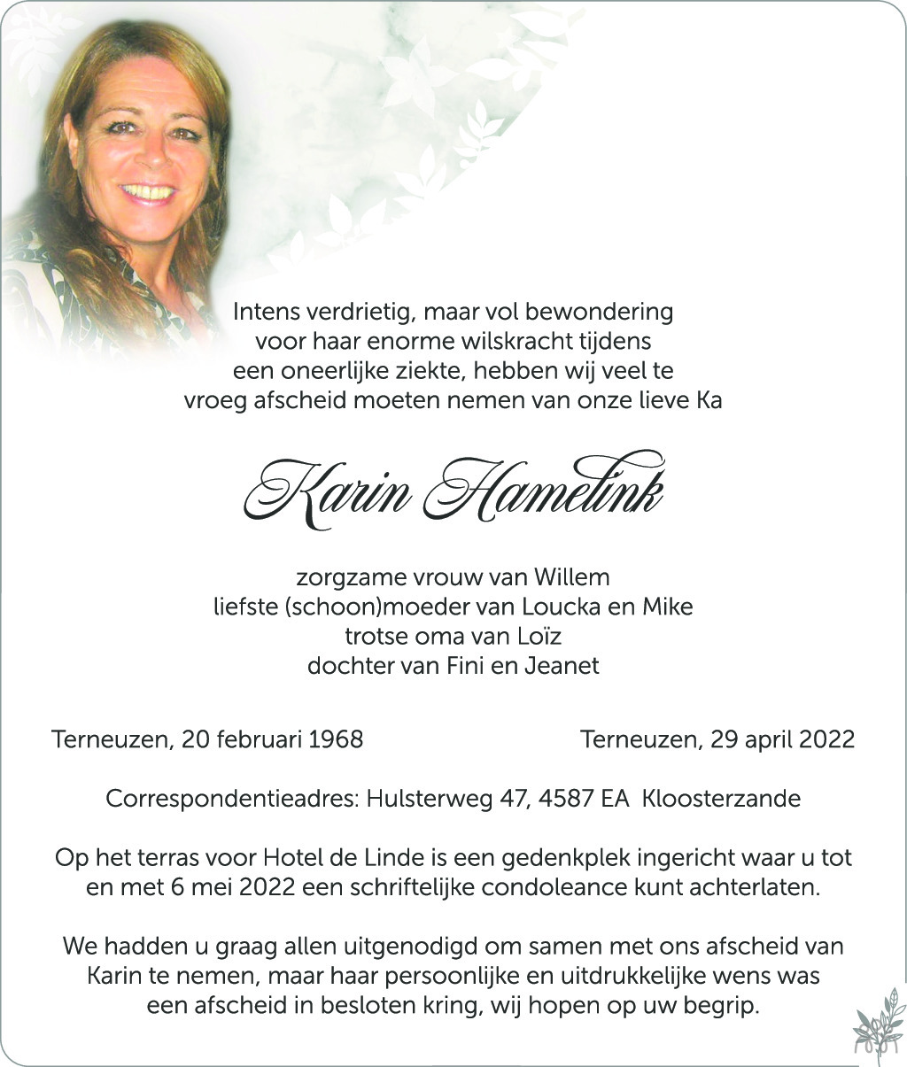 Karin Hamelink 29-04-2022 overlijdensbericht en condoleances ...