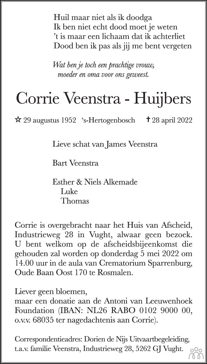 Corrie Veenstra-Huijbers 28-04-2022 overlijdensbericht en condoleances ...