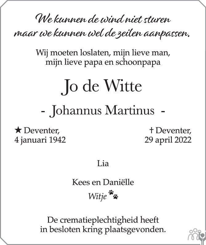 Jo (Johannus Martinus) de Witte 29-04-2022 overlijdensbericht en ...