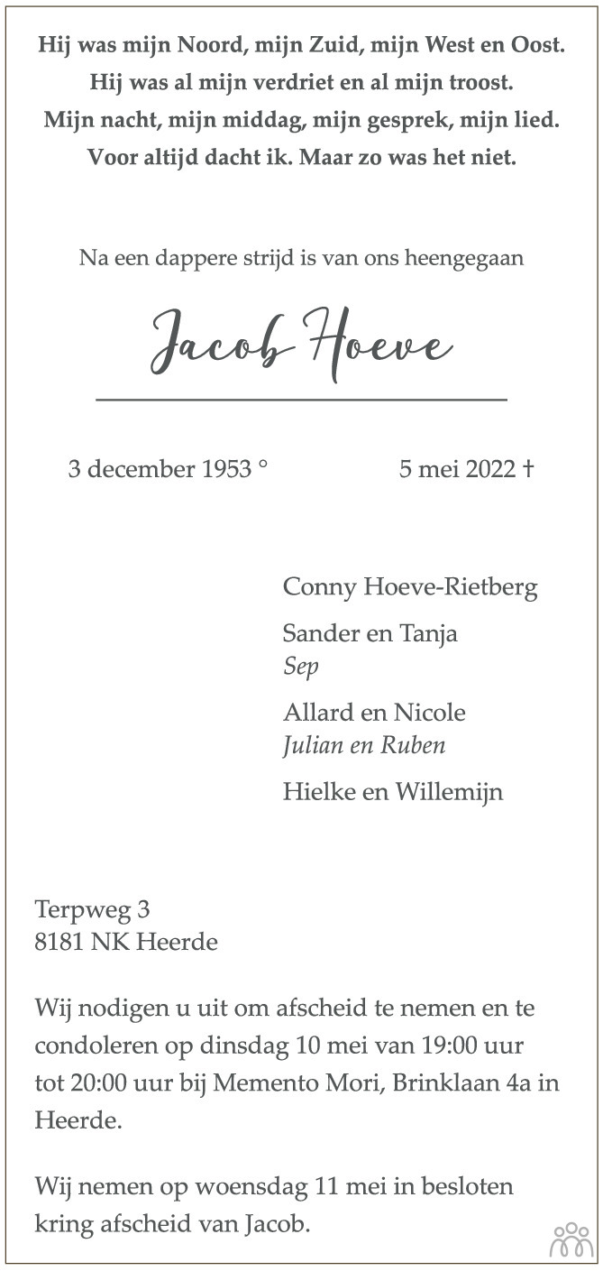 Jacob Hoeve 05-05-2022 overlijdensbericht en condoleances - Mensenlinq.nl