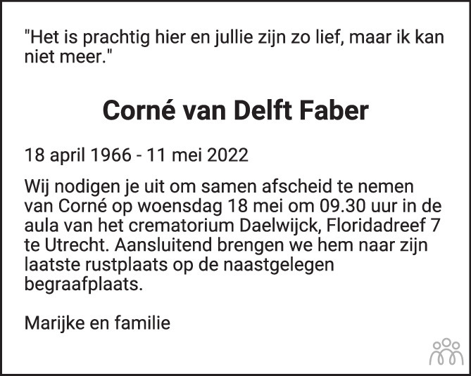Corné van Delft Faber 11-05-2022 overlijdensbericht en condoleances ...