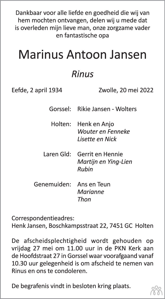 Marinus Antoon (Rinus) Jansen 20-05-2022 overlijdensbericht en ...