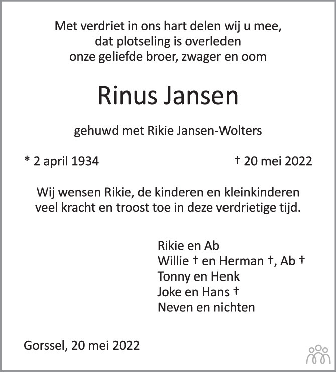 Marinus Antoon (Rinus) Jansen 20-05-2022 overlijdensbericht en ...