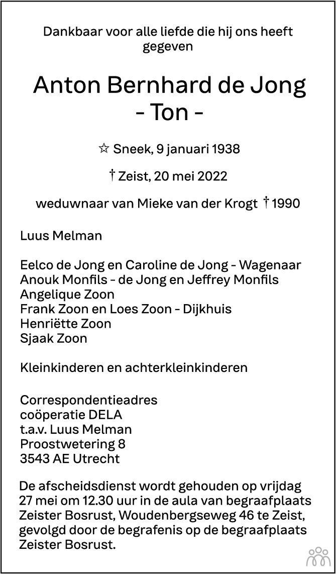 Anton Bernhard (Ton) de Jong 20-05-2022 overlijdensbericht en condoleances - Mensenlinq.nl