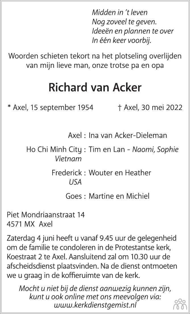 Richard van Acker 30-05-2022 overlijdensbericht en condoleances ...