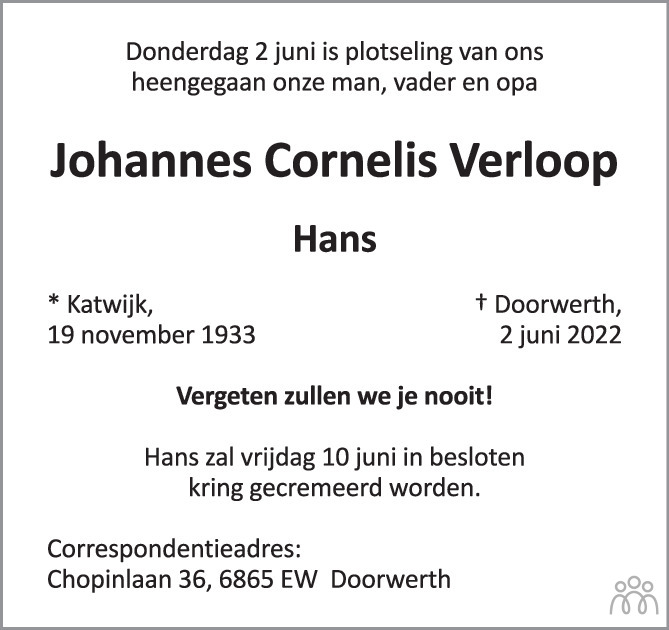 Johannes Cornelis (Hans) Verloop 02-06-2022 overlijdensbericht en ...
