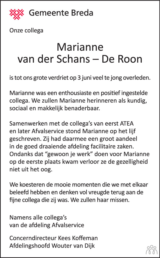 Marianne van der Schans-de Roon 03-06-2022 overlijdensbericht en ...
