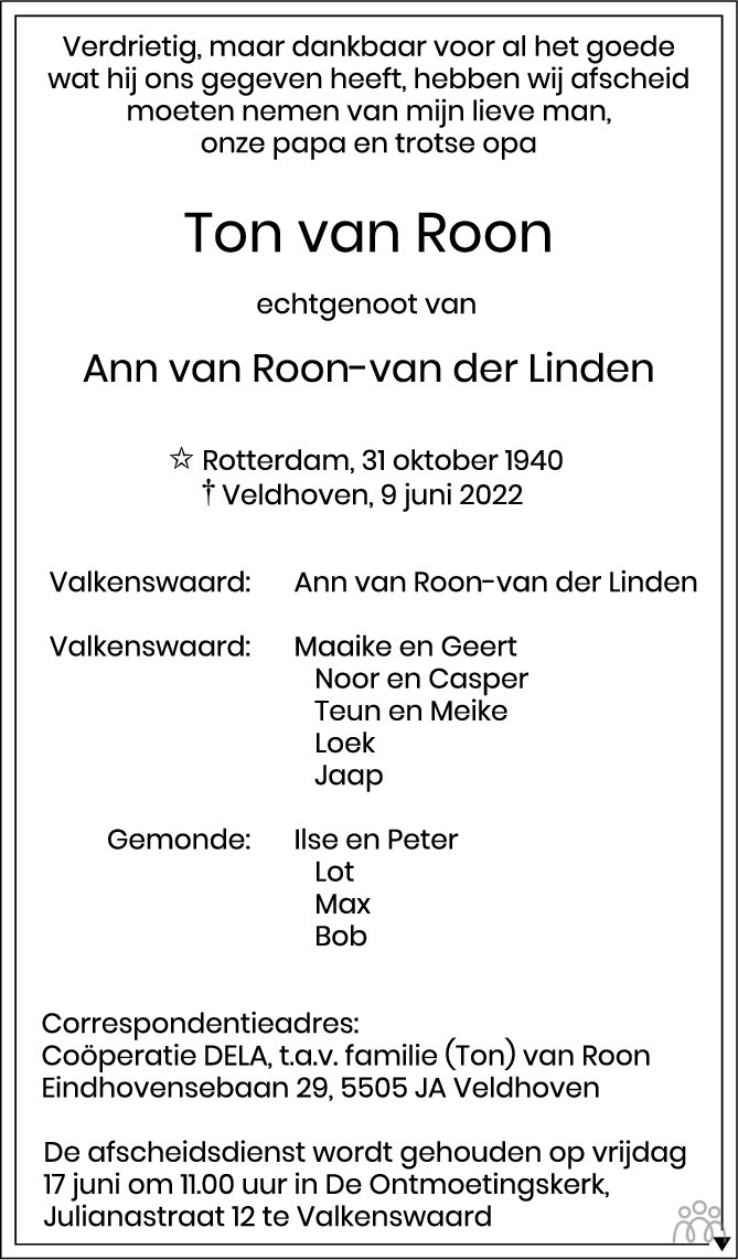 Ton van Roon 09-06-2022 overlijdensbericht en condoleances - Mensenlinq.nl