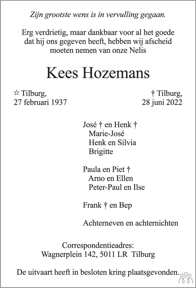 Kees Hozemans 28-06-2022 overlijdensbericht en condoleances - Mensenlinq.nl