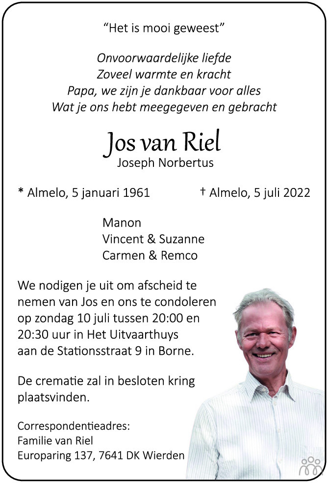 Jos (Joseph Nerbertus) van Riel 05-07-2022 overlijdensbericht en ...