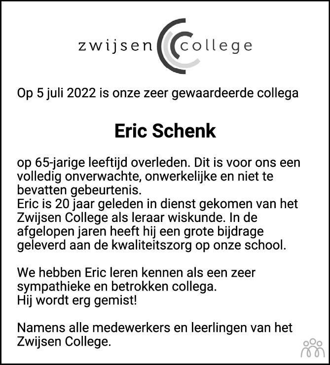 Eric Schenk 05-07-2022 overlijdensbericht en condoleances - Mensenlinq.nl