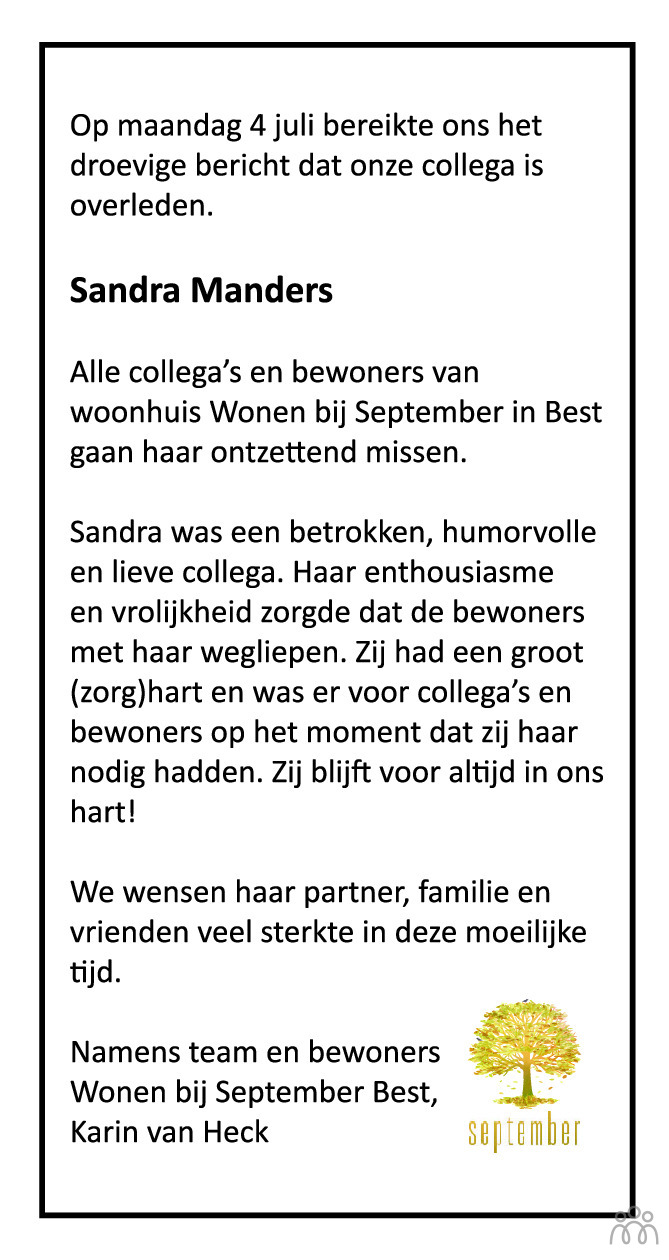 Sandra Manders 04-07-2022 overlijdensbericht en condoleances ...