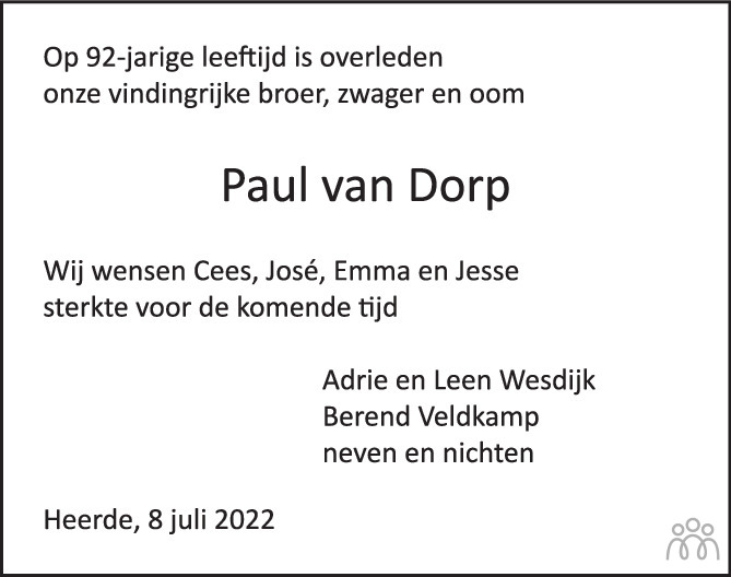 Paul van Dorp 08-07-2022 overlijdensbericht en condoleances - Mensenlinq.nl