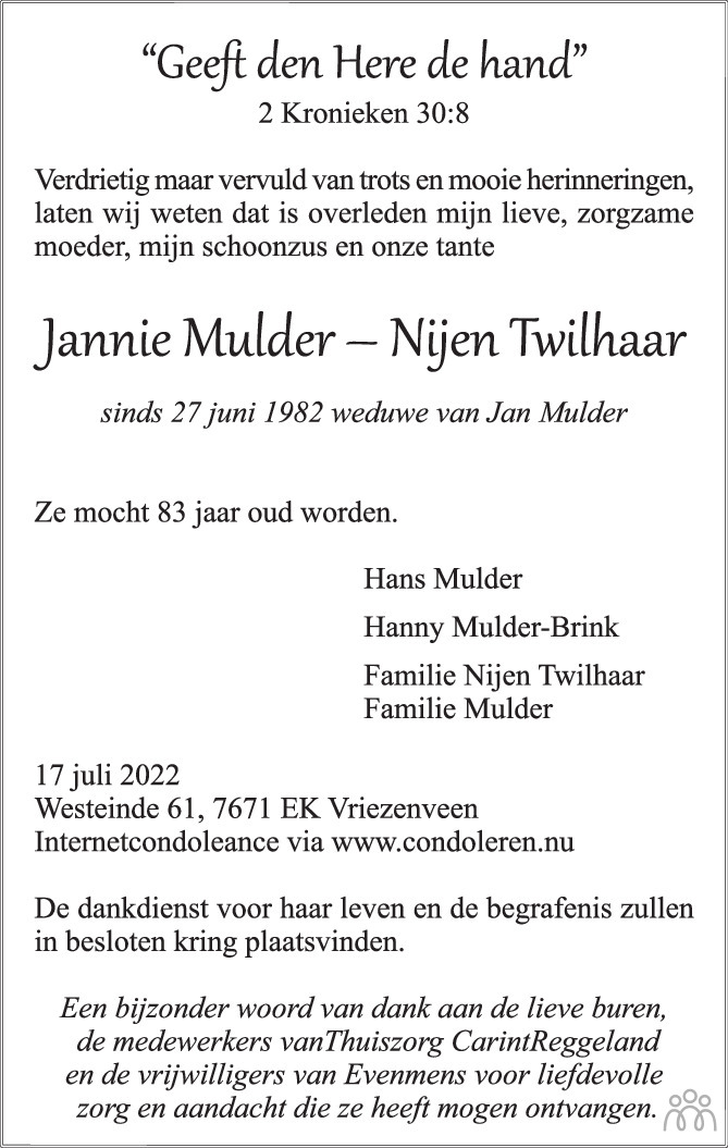 Jannie Mulder-Nijen Twilhaar 17-07-2022 overlijdensbericht en ...