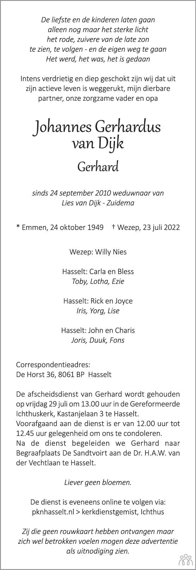 Johannes Gerhardus (Gerhard) van Dijk 23-07-2022 overlijdensbericht en condoleances - Mensenlinq.nl