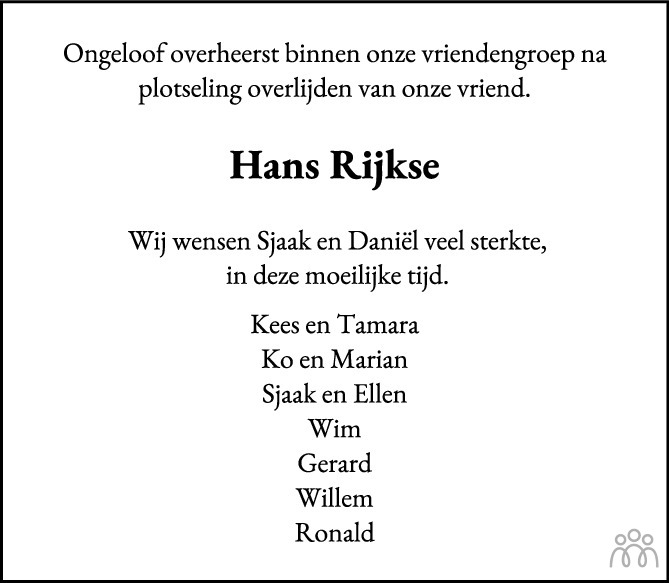 Hans Rijkse 25-07-2022 overlijdensbericht en condoleances - Mensenlinq.nl