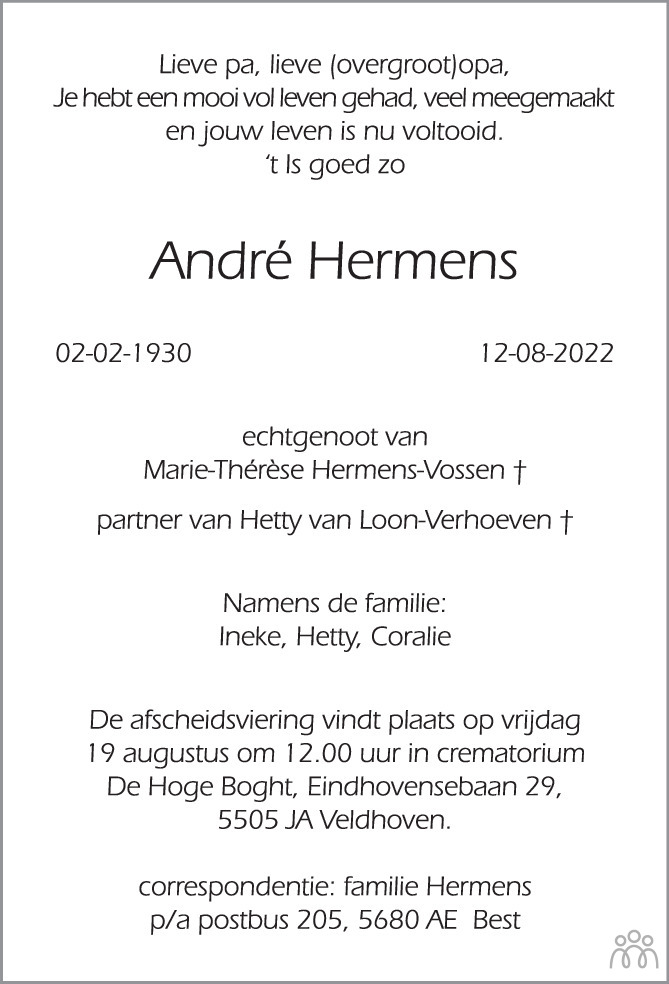 André Hermens 12-08-2022 overlijdensbericht en condoleances - Mensenlinq.nl