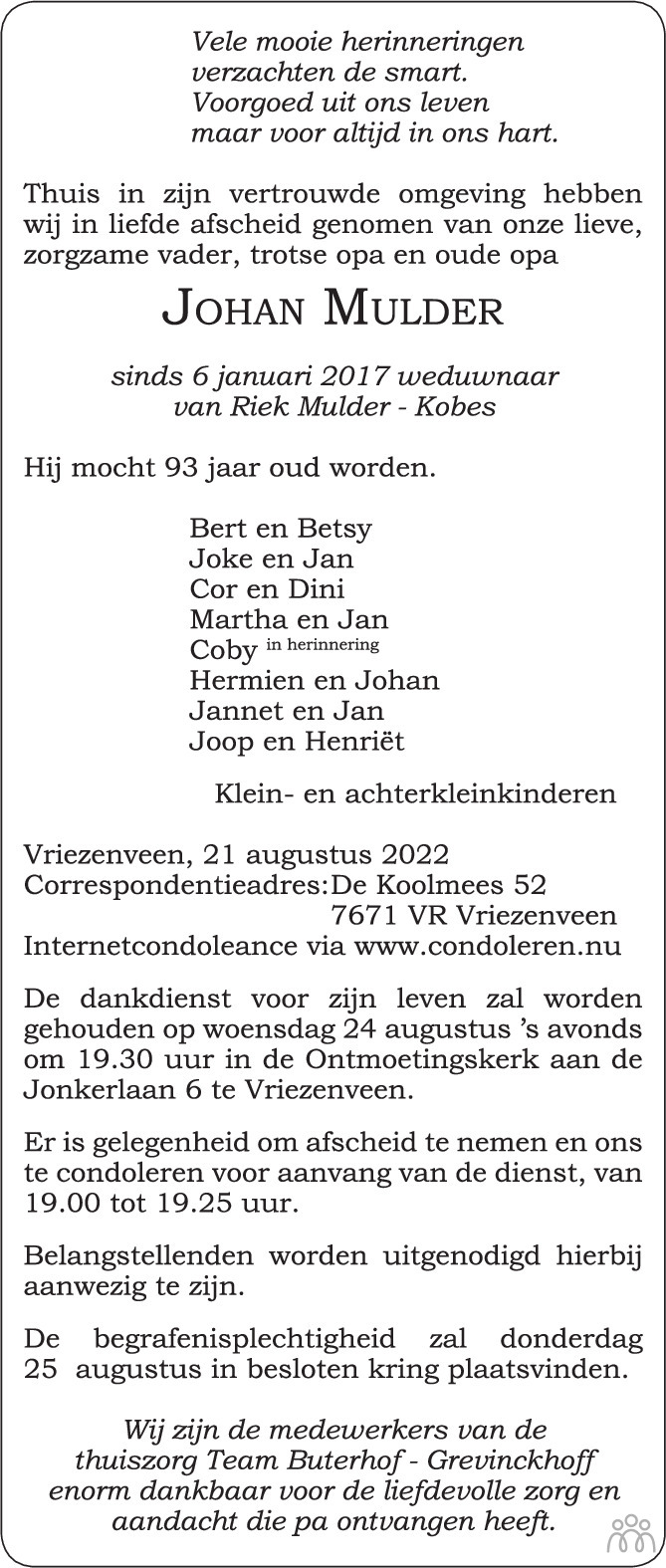 Johan Mulder 21-08-2022 overlijdensbericht en condoleances - Mensenlinq.nl