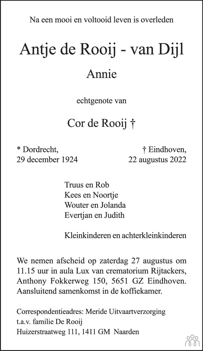 Antje (Annie) de Rooij-van Dijl 22-08-2022 overlijdensbericht en ...