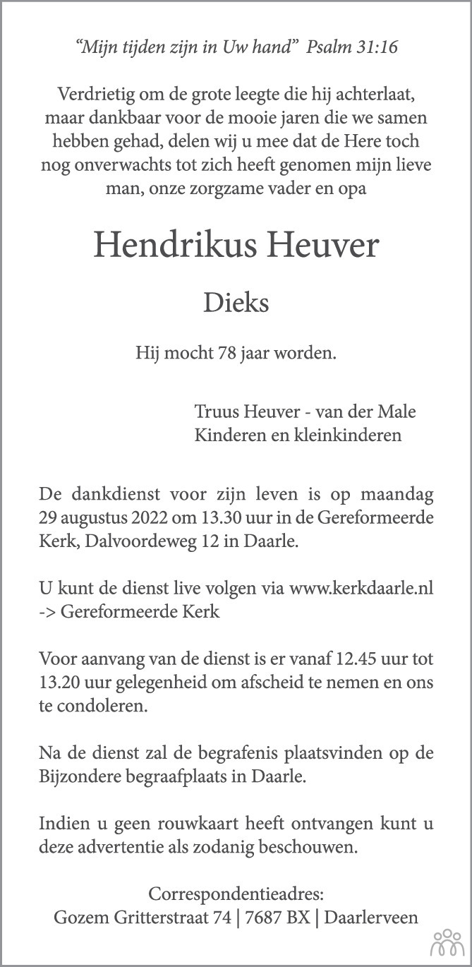 Hendrikus (Dieks) Heuver 29-08-2022 overlijdensbericht en condoleances ...