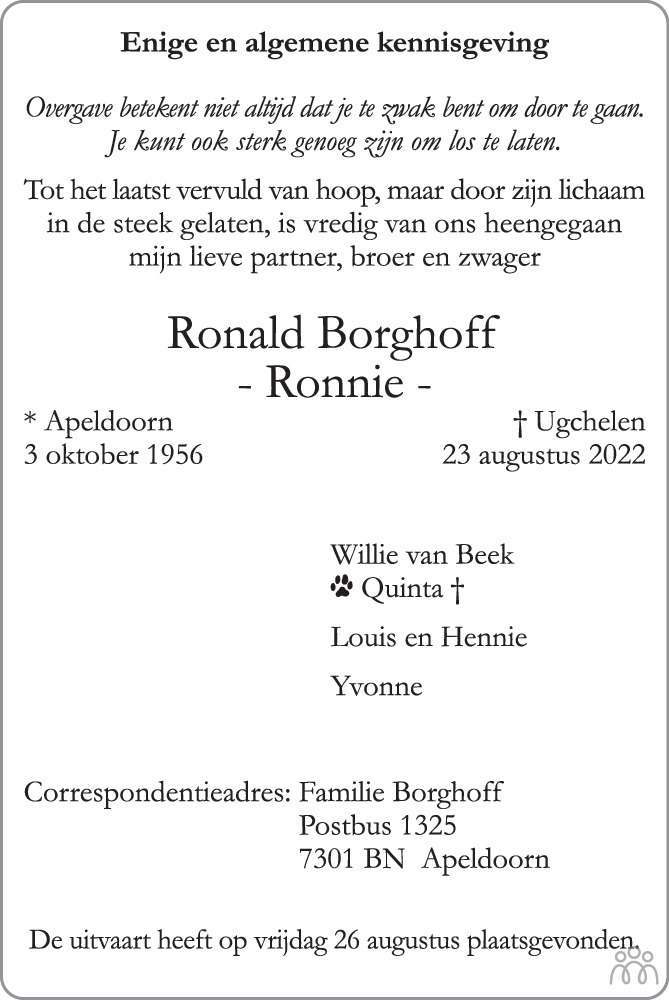 Ronald (Ronnie) Borghoff 23-08-2022 overlijdensbericht en condoleances ...