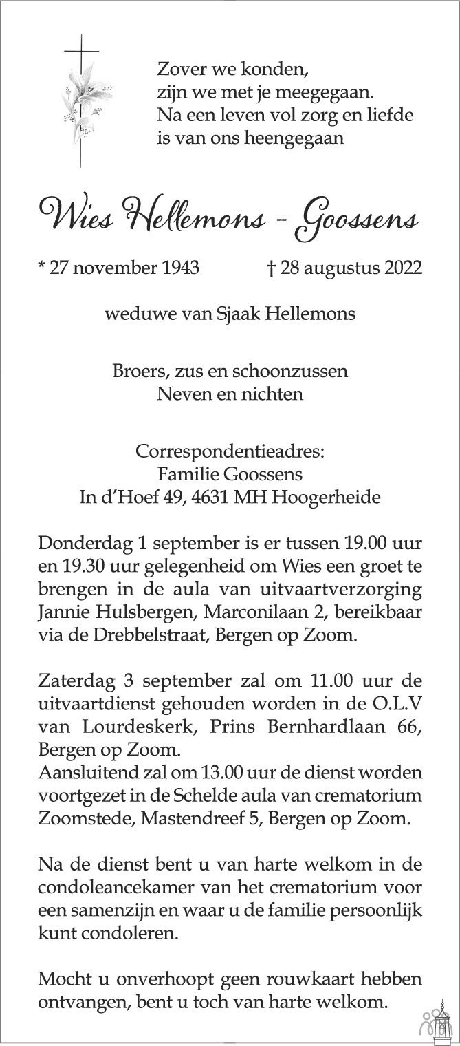 Wies Hellemons-Goossens 28-08-2022 overlijdensbericht en condoleances ...