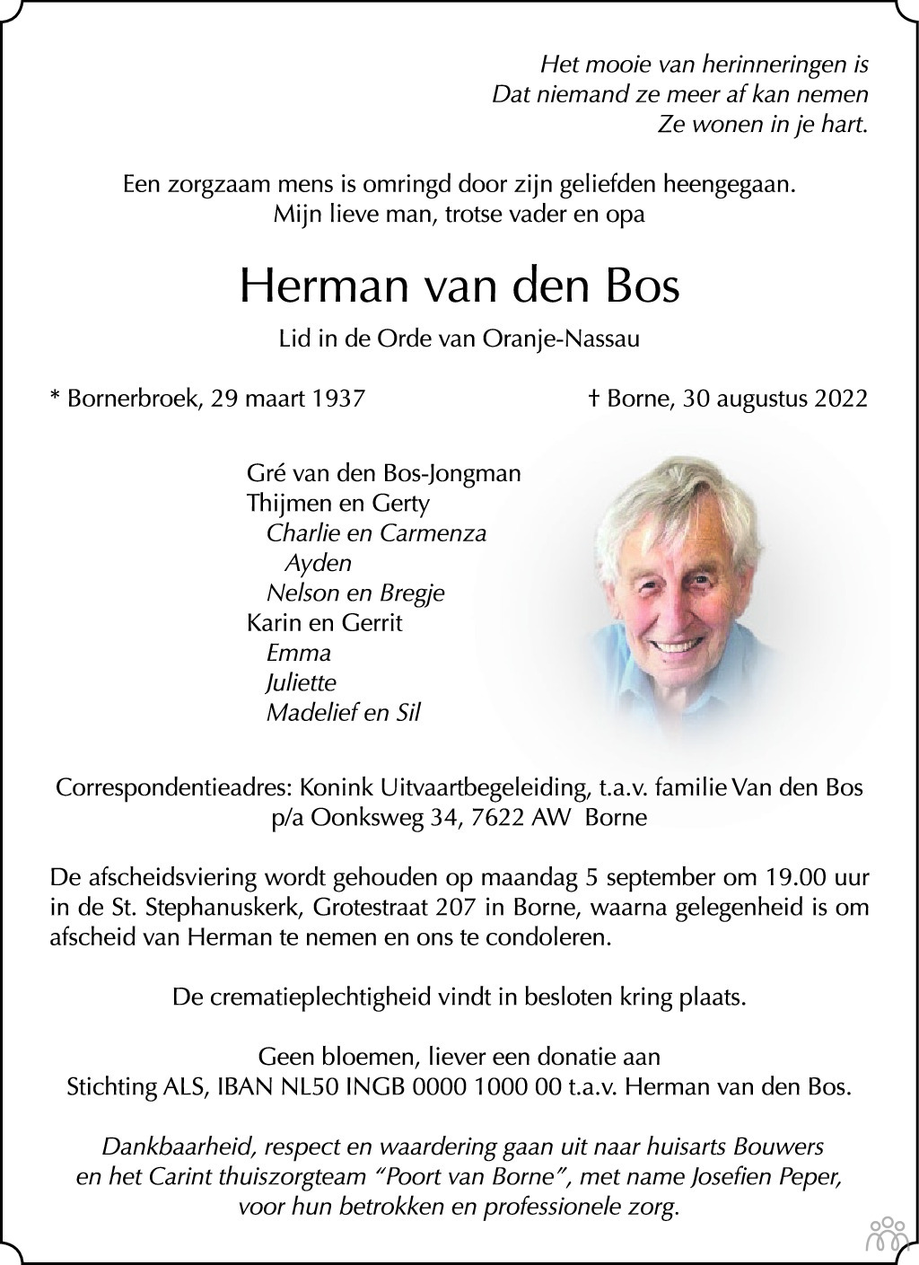 Herman van den Bos 30-08-2022 overlijdensbericht en condoleances - Mensenlinq.nl