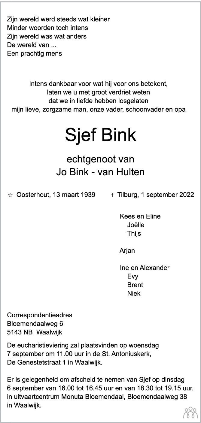 Sjef Bink 01-09-2022 overlijdensbericht en condoleances - Mensenlinq.nl