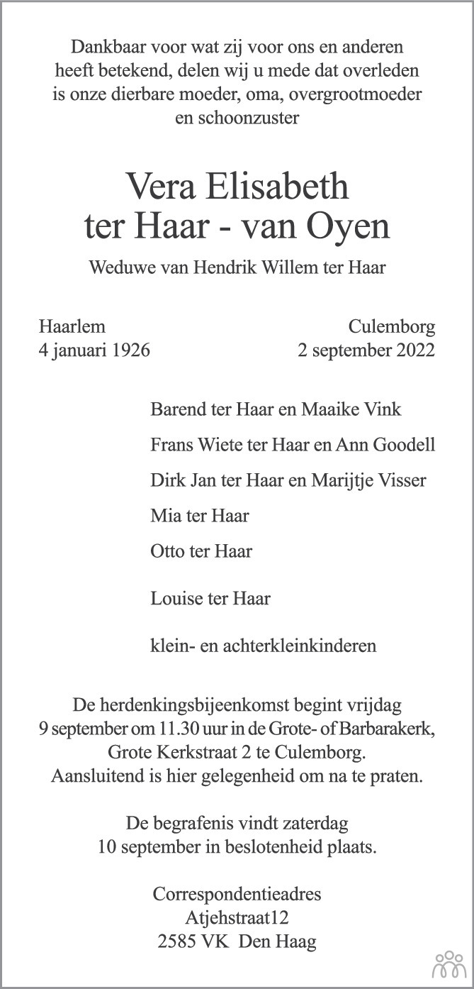 Vera Elisabeth ter Haar-van Oyen 02-09-2022 overlijdensbericht en ...