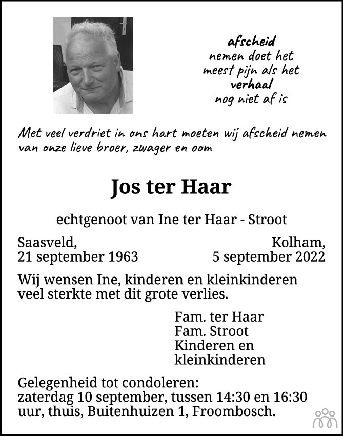 Jos ter Haar 05-09-2022 overlijdensbericht en condoleances - Mensenlinq.nl
