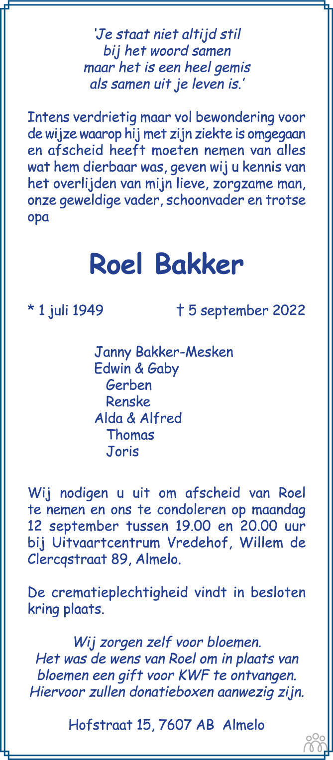 Roel Bakker 05-09-2022 overlijdensbericht en condoleances - Mensenlinq.nl Roel Bakker 05-09-2022 overlijdensbericht en condoleances - Mensenlinq.nl